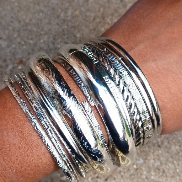 Jewelry | Chunky Silver Metal Boho Bangles Set Of 15 | Poshmark